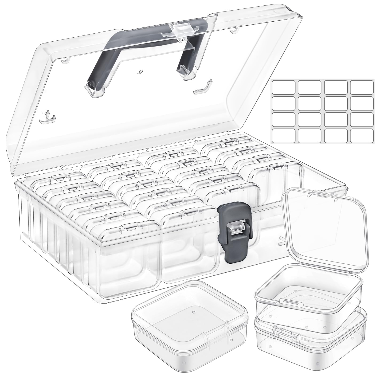 Jutieuo 15 Pieces Small Clear Plastic Beads Storage Containers Box with Hinged Lid - 1 Pack Large Organizer Box - Small Items Crafts Jewelry Storage Boxes with Labels