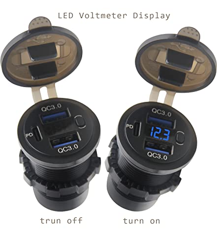 Dual USB Quick Charge 3.0 Port & PD USB C Car Charger Socket, 12V USB Outlet with Voltmeter and Power Switch for Car Boat Marine Truck