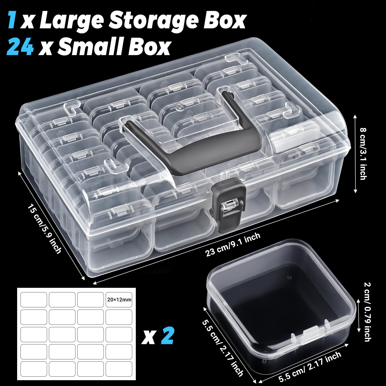 Jutieuo 15 Pieces Small Clear Plastic Beads Storage Containers Box with Hinged Lid - 1 Pack Large Organizer Box - Small Items Crafts Jewelry Storage Boxes with Labels