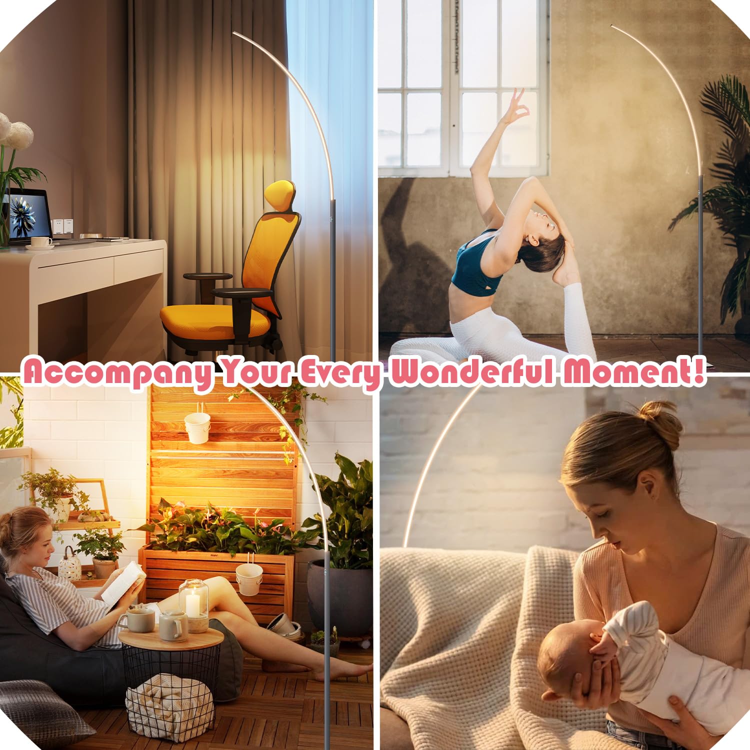 Modern 63" Arc Floor Lamp - Brushed Sliver Standing Lamp for Living Room and Bedroom, Touch Control 3000K Warm Light and 3-Way Dimmable Brightness Grey Lamp, Unique LED Corner Floor Lamp for Couch