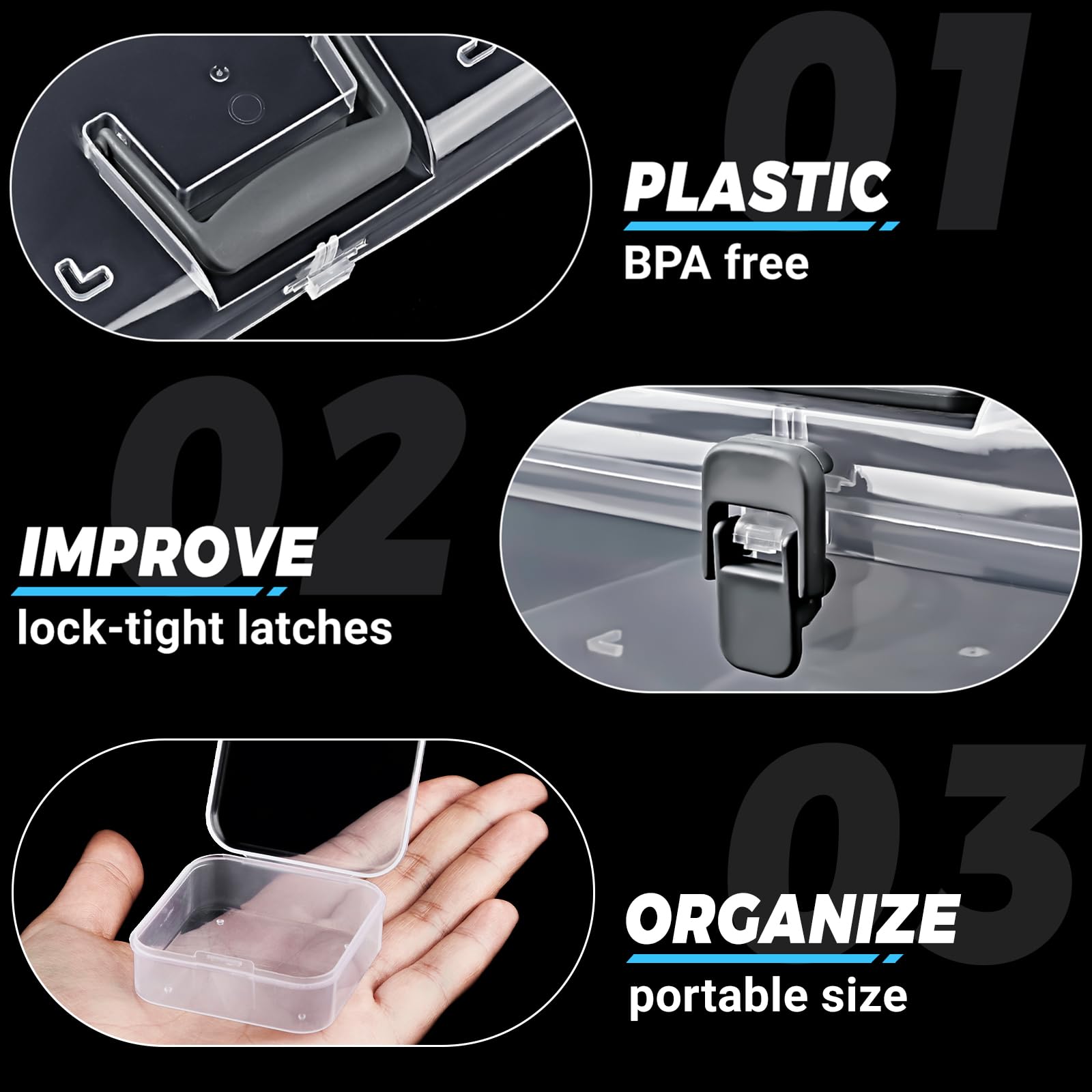 Jutieuo 15 Pieces Small Clear Plastic Beads Storage Containers Box with Hinged Lid - 1 Pack Large Organizer Box - Small Items Crafts Jewelry Storage Boxes with Labels