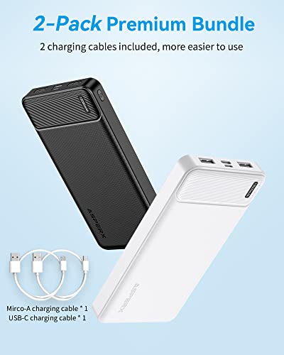 AsperX 2-Pack 15000mAh Portable Charger Power Bank [ USB-C Out and In ] [5V 3A Faster Charging] [ Dual USB A ] Slim High-Speed External Battery Pack for iPhone, Samsung, Android and More (Black+White)