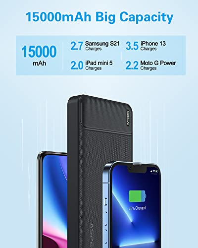 AsperX 2-Pack 15000mAh Portable Charger Power Bank [ USB-C Out and In ] [5V 3A Faster Charging] [ Dual USB A ] Slim High-Speed External Battery Pack for iPhone, Samsung, Android and More (Black+White)