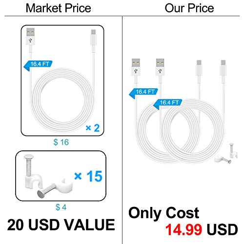 FASTSNAIL 16.4FT Power Extension Cable for WyzeCam/WyzeCam V3/ WyzeCam Pan/Wyze Cam Pan V2/ KasaCam/NestCam Indoor/Yi Cam,USB to Micro USB Charging and Data Sync Cord 2 Pack