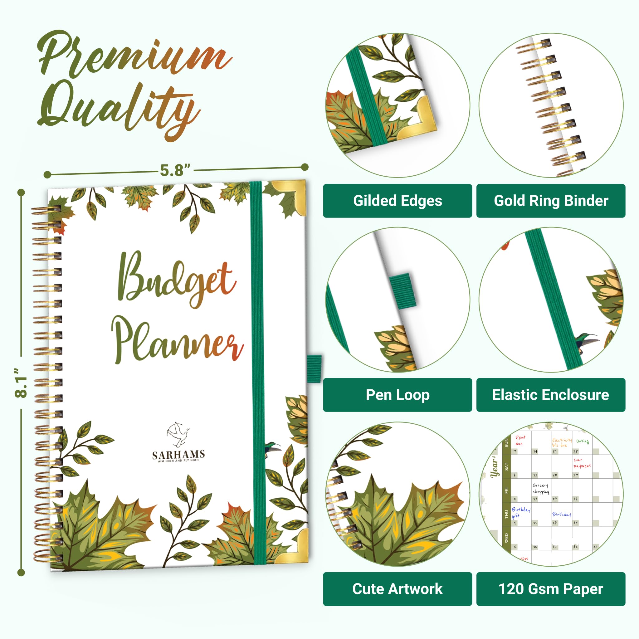 SARHAMS Budget Planner 5.8 x 8.1 Inches with 2 Pockets – Portable Undated Budget Book with Bill and Expense Tracker – 12 Month Planner to Track 2023 2024, Organize and Plan Your Finances