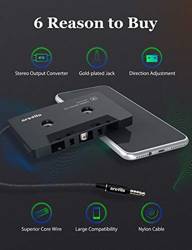 arsvita Car Audio Cassette to Aux Adapter with Upgrade 3.5 MM Aux Plug, Auxiliary Nylon Cable Tape Adapter, Black