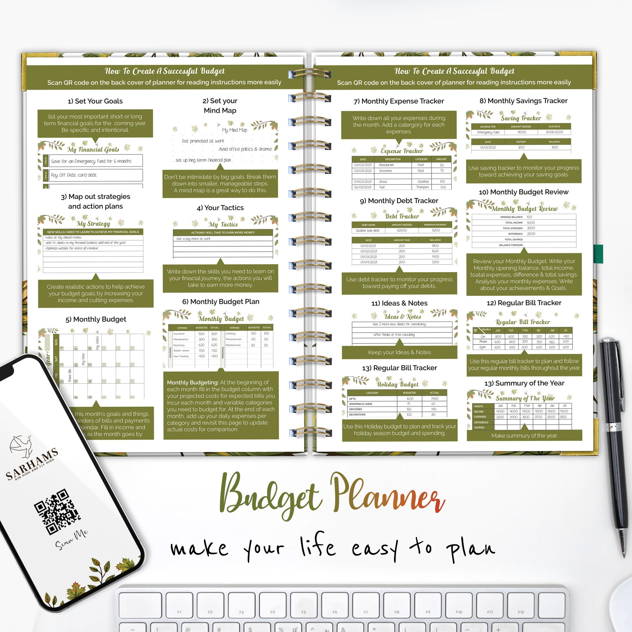 SARHAMS Budget Planner 5.8 x 8.1 Inches with 2 Pockets – Portable Undated Budget Book with Bill and Expense Tracker – 12 Month Planner to Track 2023 2024, Organize and Plan Your Finances
