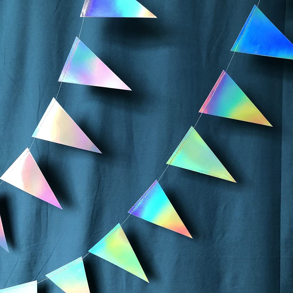 40Ft Iridescent Party Supplies Triangle Banner For Birthday Party Decorations Wedding Party Garlands Baby Shower Wall Window Banners Decor (Iridescent, 4 Strings)