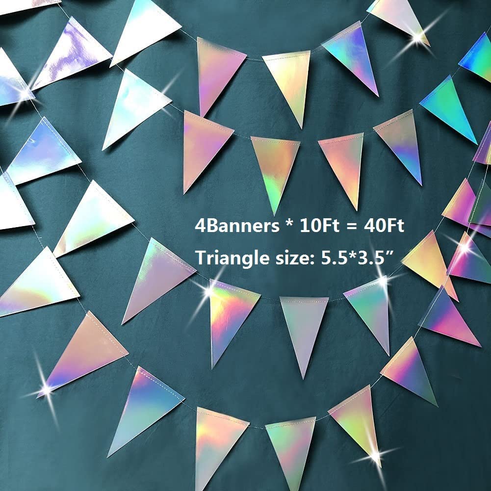 40Ft Iridescent Party Supplies Triangle Banner For Birthday Party Decorations Wedding Party Garlands Baby Shower Wall Window Banners Decor (Iridescent, 4 Strings)