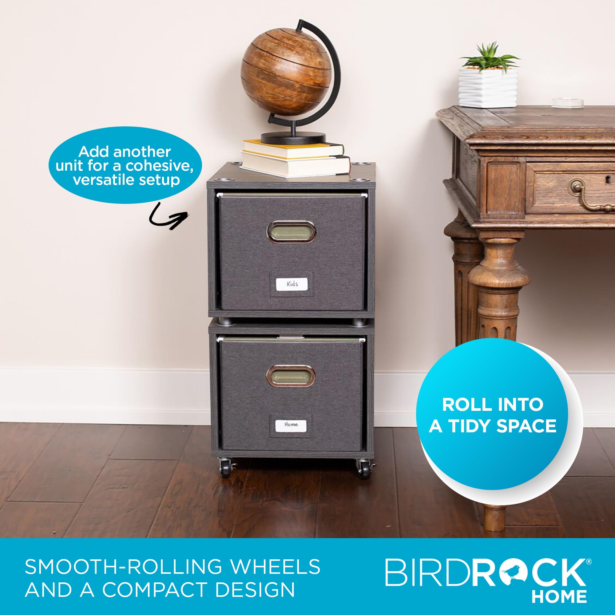 BIRDROCK HOME Rolling File Cabinet with 1 Lateral Drawer β Decorative Storage Shelf for Blankets, Books, Files, Magazines, Toys, etc β Removable Bin with Handles β Under Desk Office Organizer