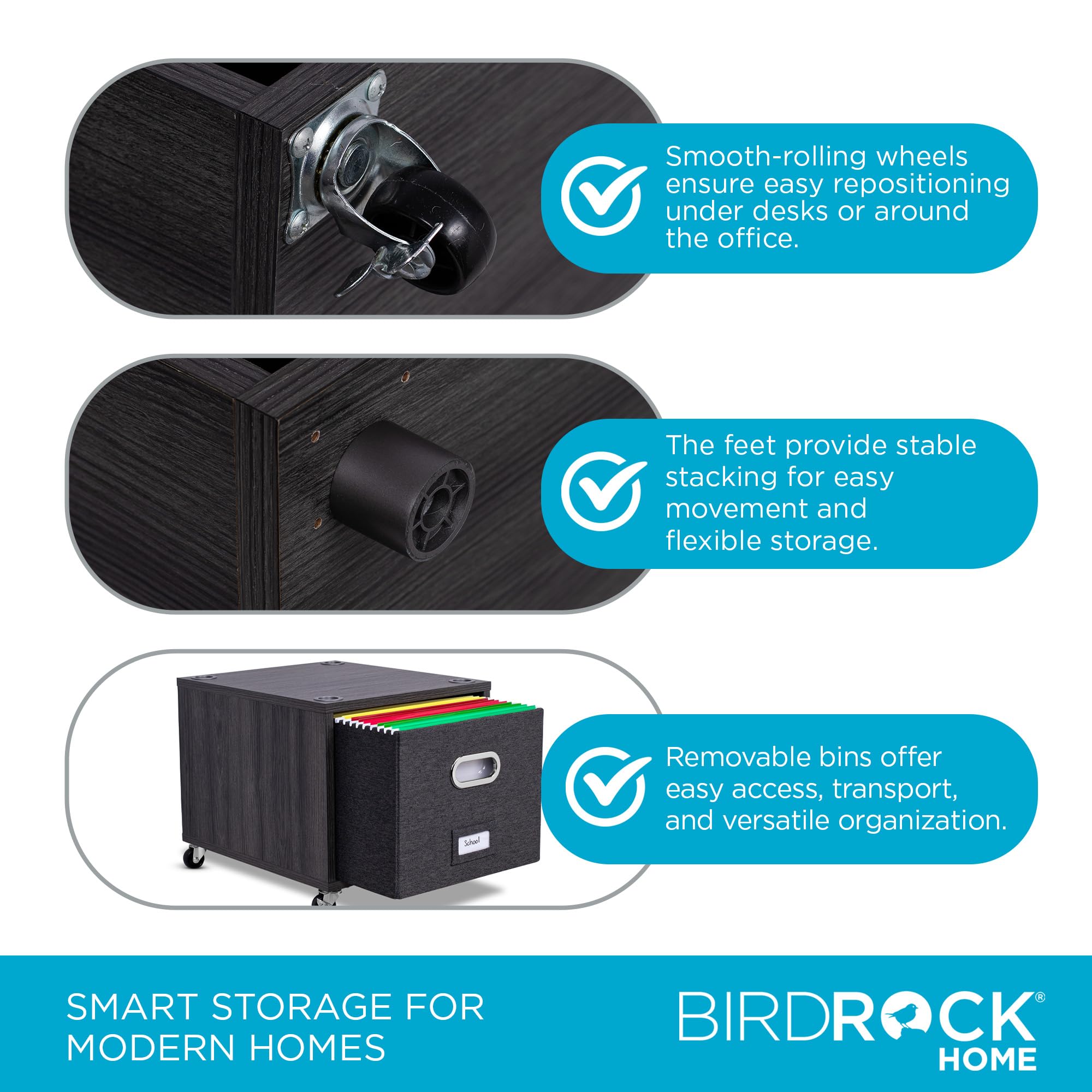 BIRDROCK HOME Rolling File Cabinet with 1 Lateral Drawer β Decorative Storage Shelf for Blankets, Books, Files, Magazines, Toys, etc β Removable Bin with Handles β Under Desk Office Organizer