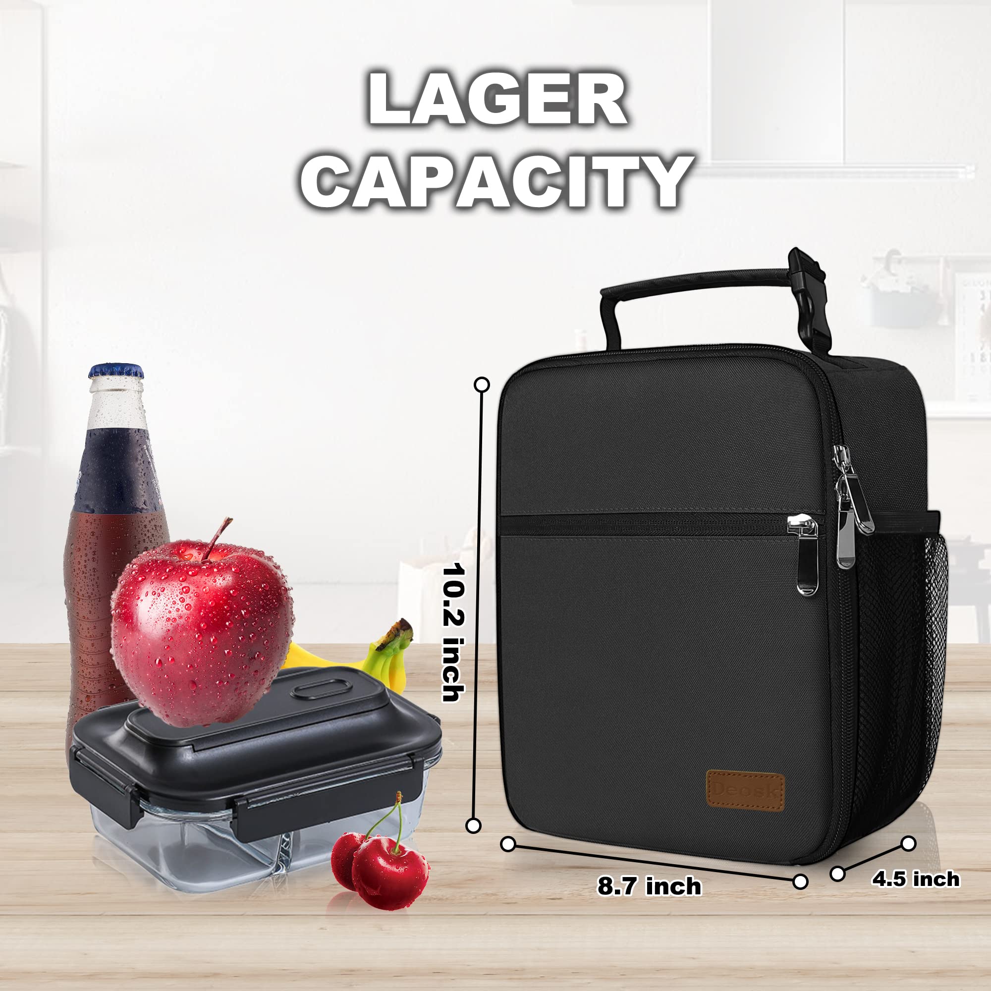 Deosk Lunch Bag Reusable Small Lunch Box for Men Insulated Portable Lunchbox for adults Suitable for School Work Picnic (Black)