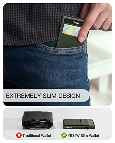 YESIIW Slim Card Holder Wallet - Minimalist Pop up Wallet for Men RFID Blocking with Money Pocket | Metal Wallet Card Case Green