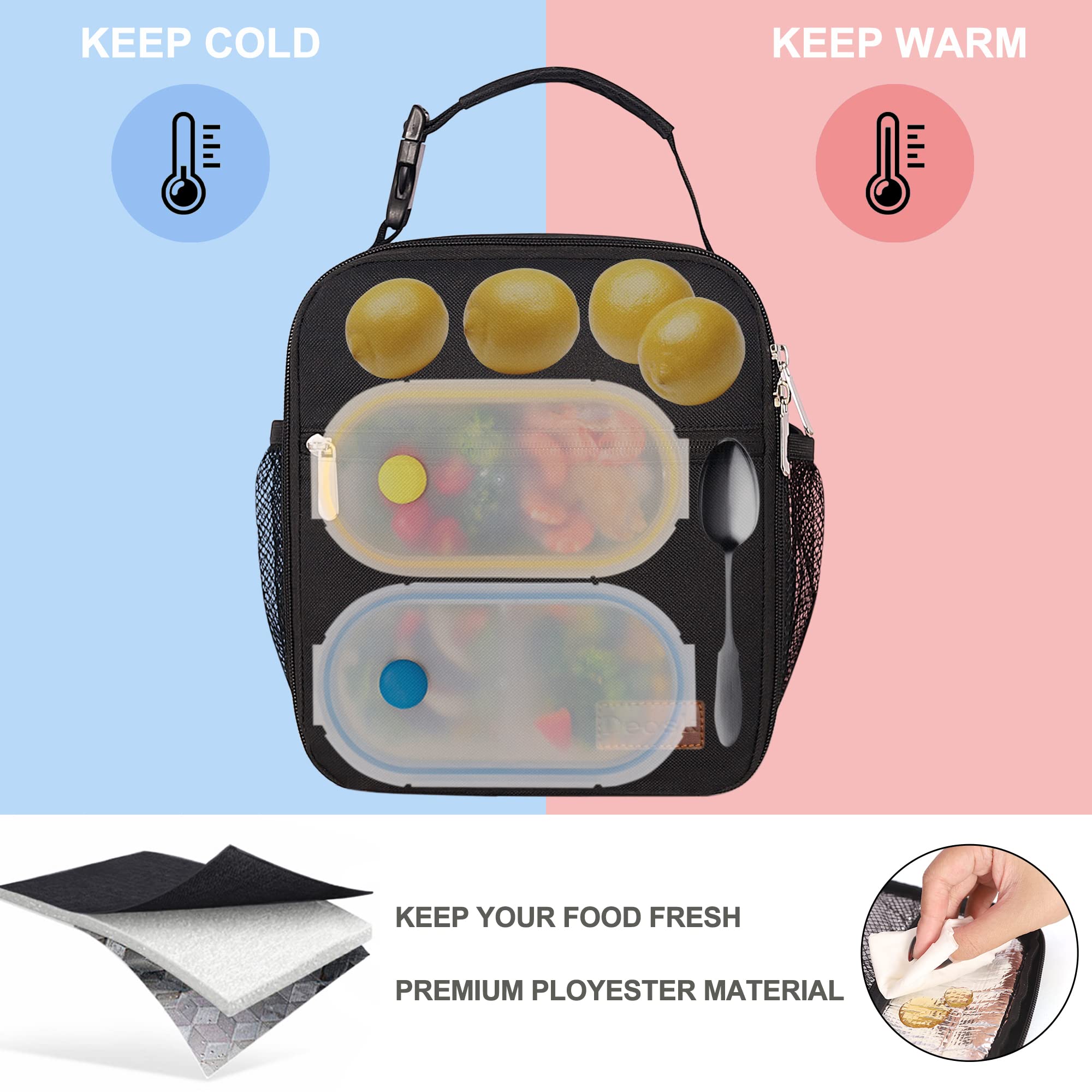 Deosk Lunch Bag Reusable Small Lunch Box for Men Insulated Portable Lunchbox for adults Suitable for School Work Picnic (Black)