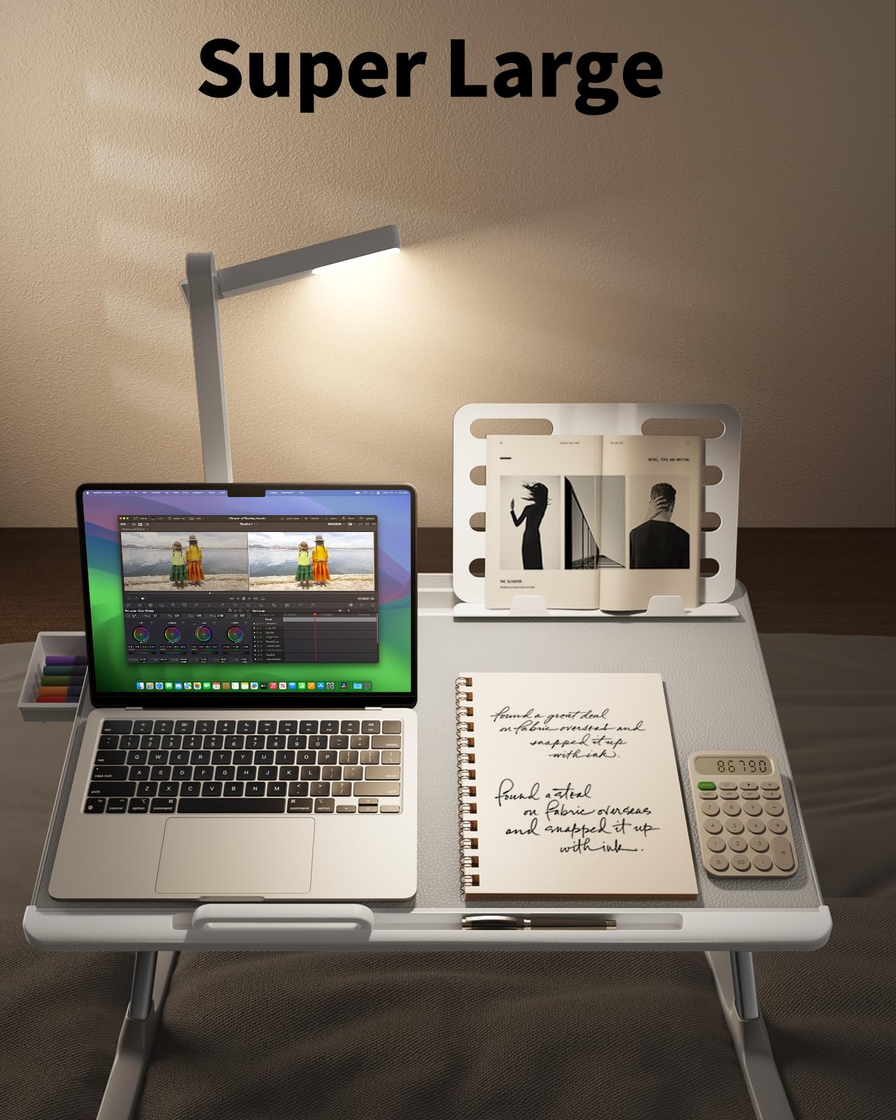 Laptop Bed Tray Desk with LED Desk Light, SAIJI Adjustable Laptop Stand for Bed, XX-Large PVC Leather Foldable Laptop Table with Book Stand, Wrist Rest, Extra Leg Room for Sofa Couch Floor (Gray)
