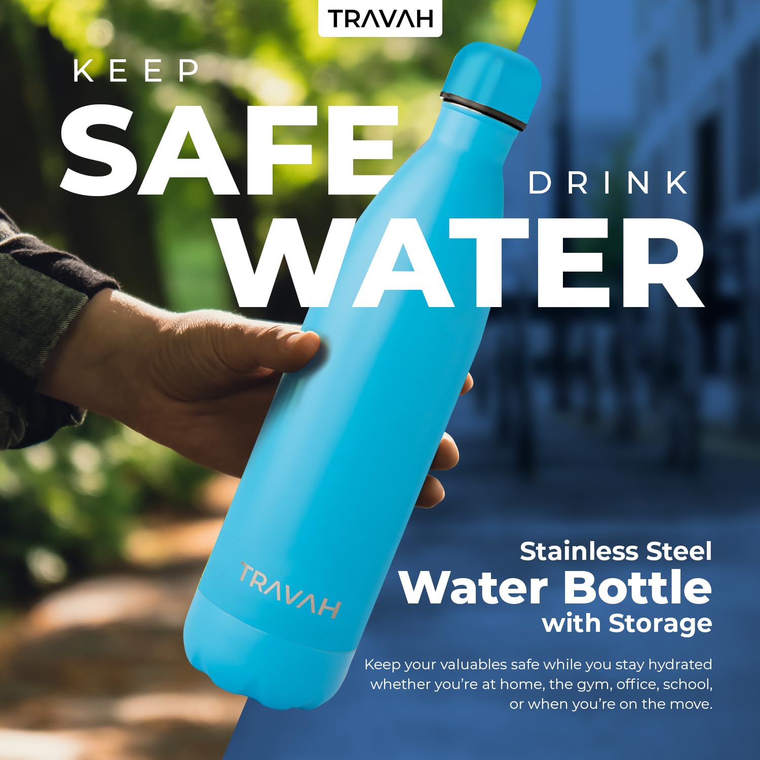 Diversion Safe Water Bottle Can Hidden Bottom for Valuables 17ounce Liquid Capacity and Dry Storage Compartment Stainless Steel Vacuum Insulated Leak Proof Smell Proof Bag Included (Light Blue)