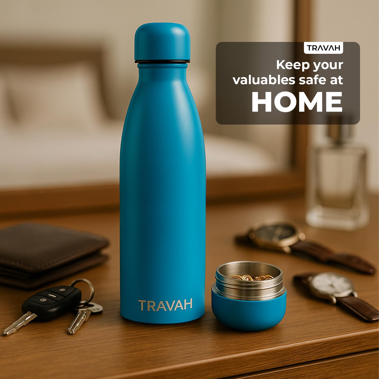 Diversion Safe Water Bottle Can Hidden Bottom for Valuables 17ounce Liquid Capacity and Dry Storage Compartment Stainless Steel Vacuum Insulated Leak Proof Smell Proof Bag Included (Light Blue)