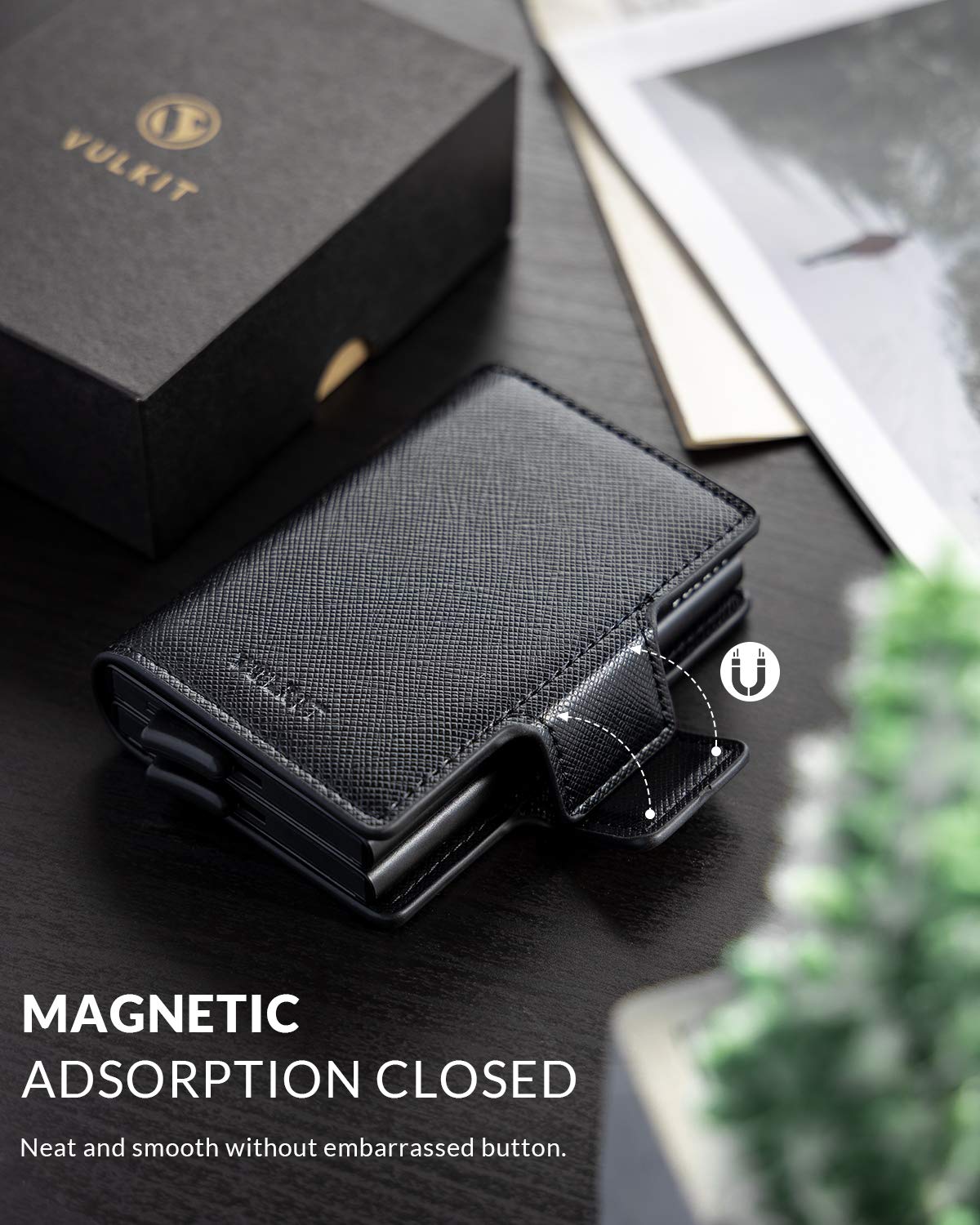VULKIT Credit Card Holder RFID Blocking Leather Automatic Pop Up Wallet Magnetic Wallet Double Card Case for Men and Women Cross Black