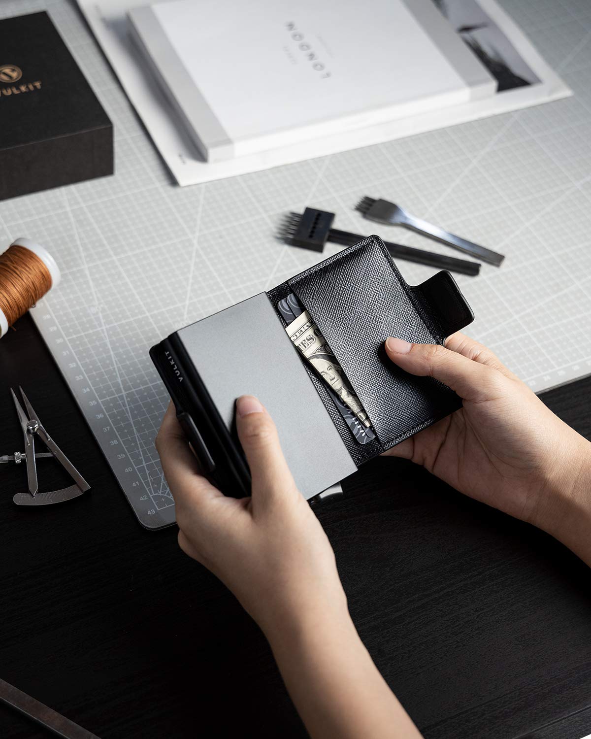 VULKIT Credit Card Holder RFID Blocking Leather Automatic Pop Up Wallet Magnetic Wallet Double Card Case for Men and Women Cross Black