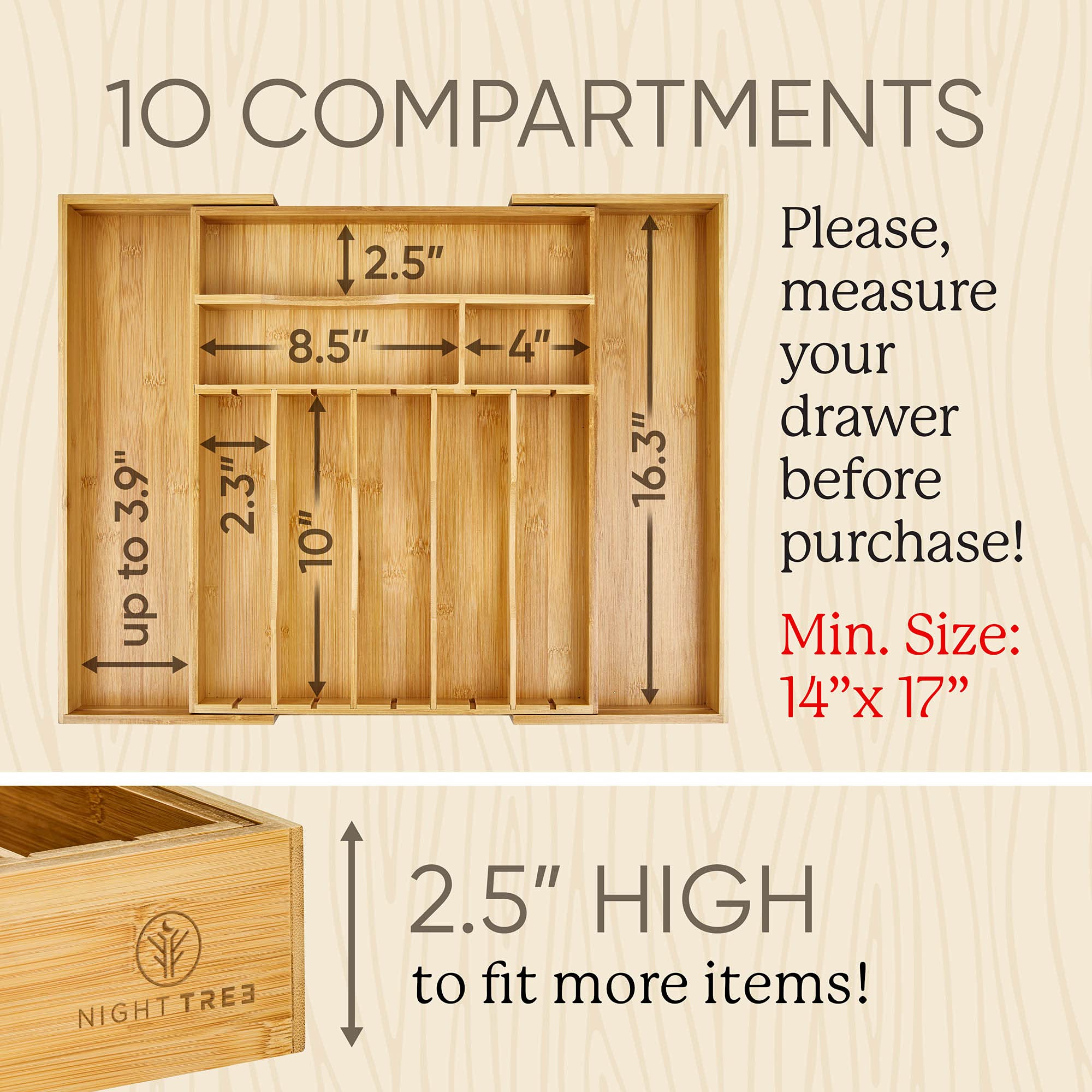 (2.5" Deep) expandable drawer organizer for silverware utensils kitchen gadgets and cutlery flatware organizer for drawer tray / Utensil Tray, large expands from 13.7 - 21.6 Wide X 17L X 2.5H