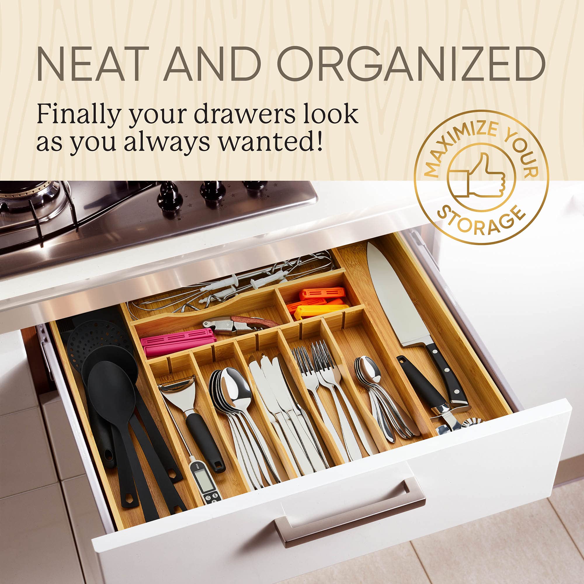 (2.5" Deep) expandable drawer organizer for silverware utensils kitchen gadgets and cutlery flatware organizer for drawer tray / Utensil Tray, large expands from 13.7 - 21.6 Wide X 17L X 2.5H