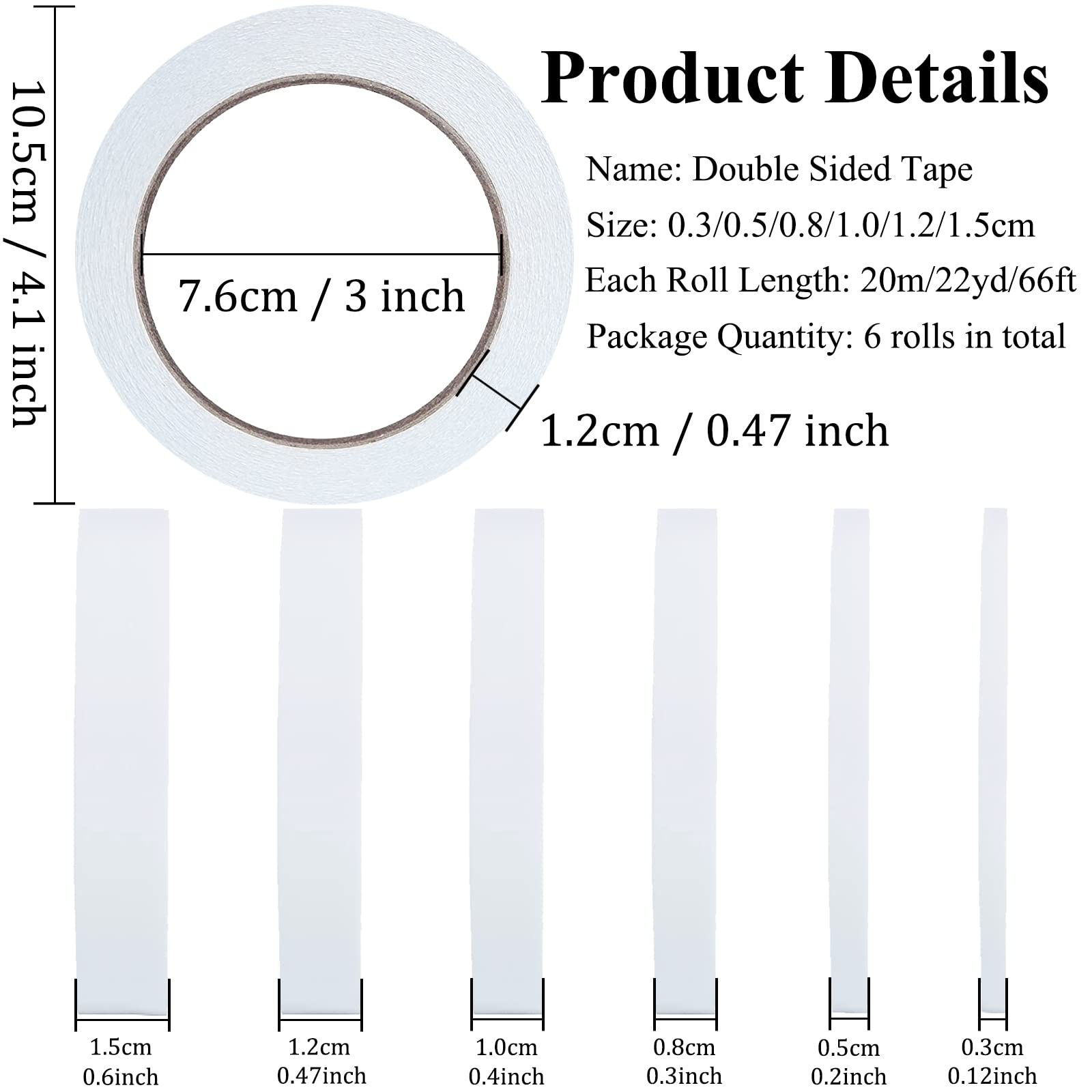 6 Rolls Double Sided Tape for Crafts, Multi-Size Double-Sided Adhesive Tape for Arts, Scrapbooking, Card Making, Gift Boxes, Photos - 22Yards 66FT Each Roll (6 Size: 3/5/ 8/1.0/1.2/1.5 mm)