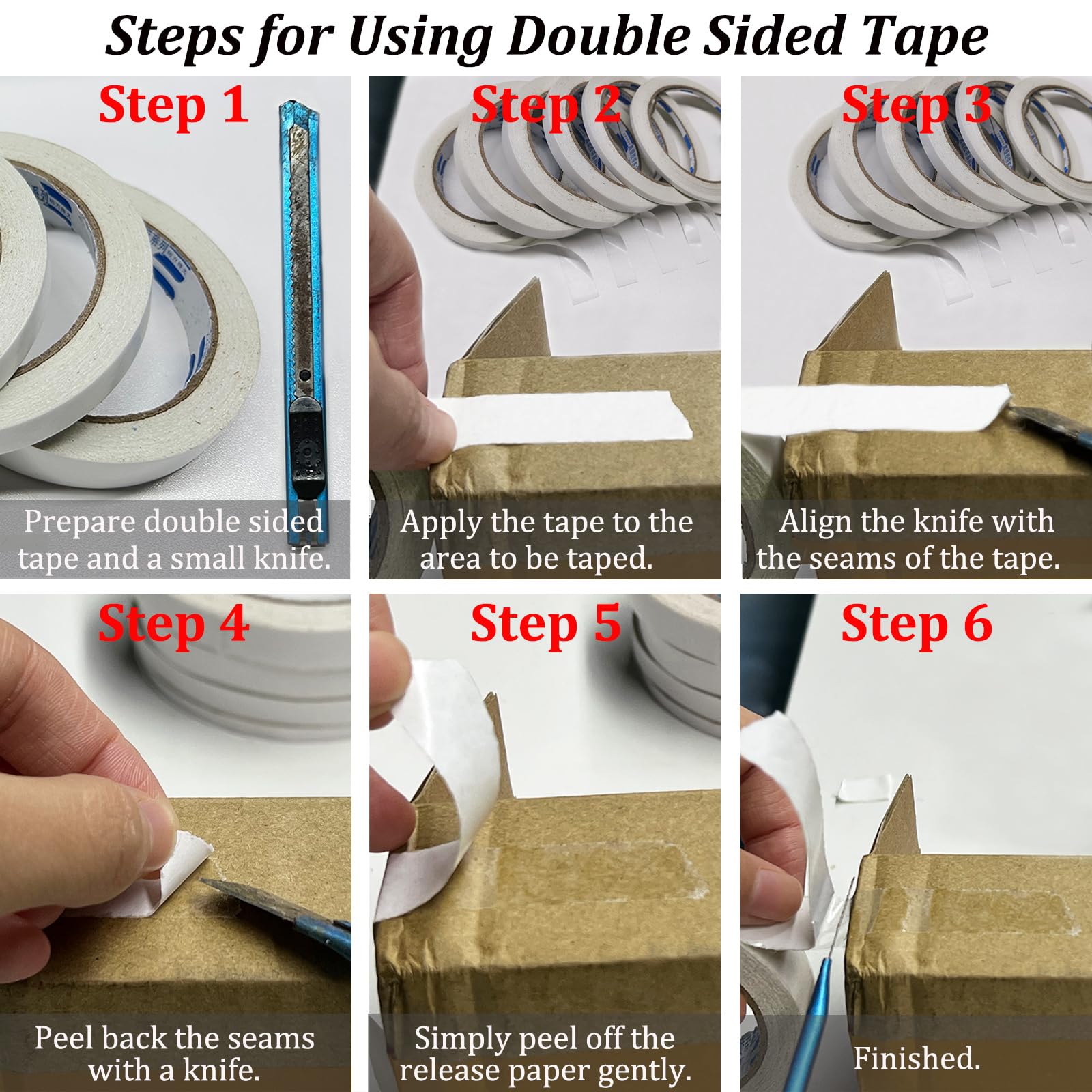 6 Rolls Double Sided Tape for Crafts, Multi-Size Double-Sided Adhesive Tape for Arts, Scrapbooking, Card Making, Gift Boxes, Photos - 22Yards 66FT Each Roll (6 Size: 3/5/ 8/1.0/1.2/1.5 mm)