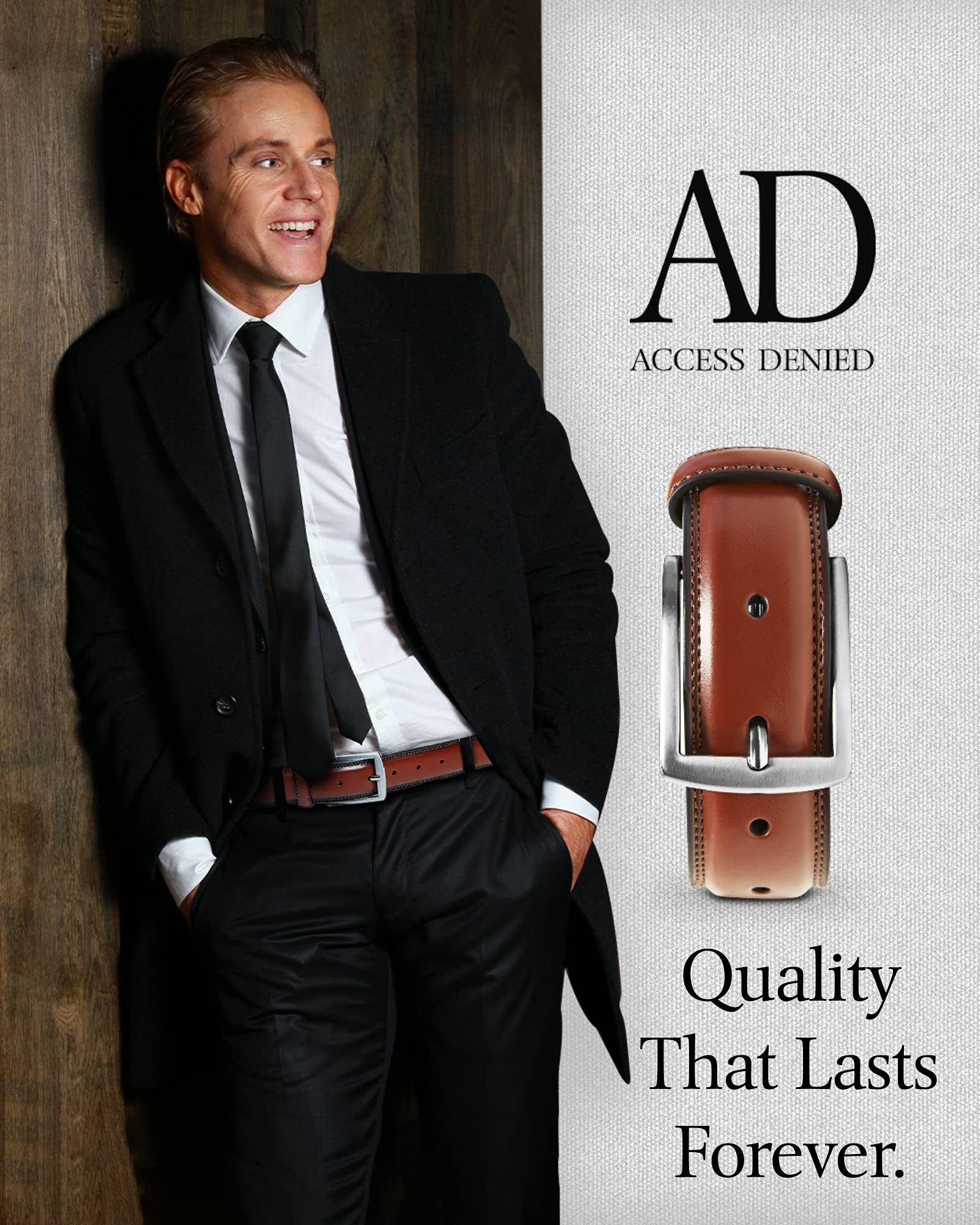 Access Denied Genuine Leather Dress Belts For Men - Mens Belt For Suits, Jeans, Uniform Brown Belt - Designed in the USA