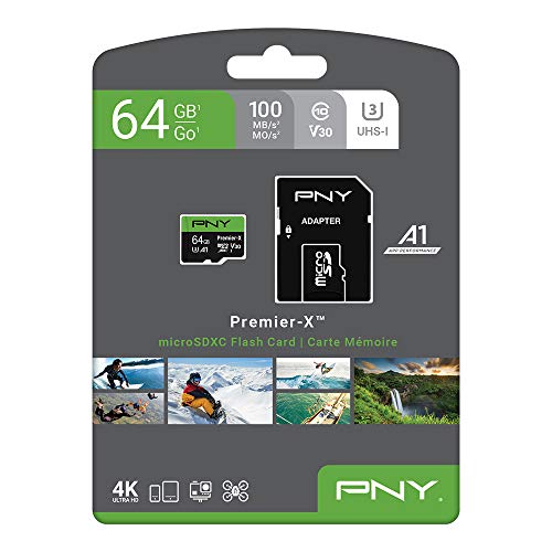 PNY 64GB Premier-X Class 10 U3 V30 microSDXC Flash Memory Card - 100MB/s, Class 10, U3, V30, A1, 4K UHD, Full HD, UHS-I, micro SD