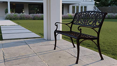 Patio Sense 63284 Decatur Cast Aluminum Patio Bench Heavy Duty Rust Free Metal Construction Front Porch Backyard Lawn Garden Pool Deck Outdoors Fleur-De-Lis Design - Antique Bronze Finish