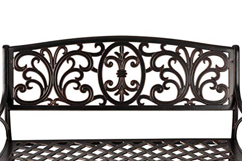 Patio Sense 63284 Decatur Cast Aluminum Patio Bench Heavy Duty Rust Free Metal Construction Front Porch Backyard Lawn Garden Pool Deck Outdoors Fleur-De-Lis Design - Antique Bronze Finish