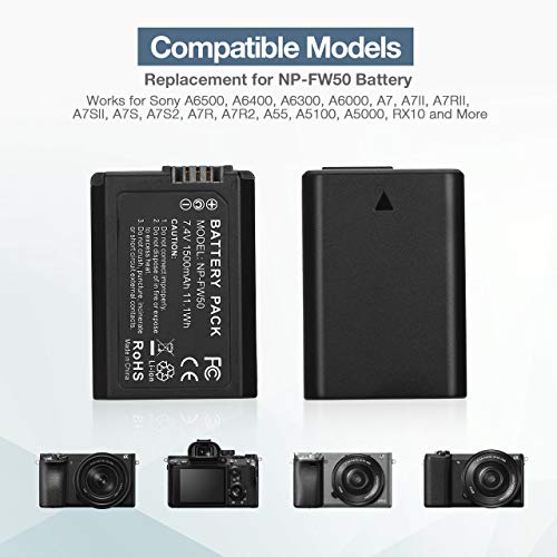 NP-FW50 Battery 2 Packs 1500mAh Rechargable Li-ion Batteries and Dual Charger for Sony A6500, A6400, A6300, A6000, A7, A7II, A7RII, A7SII, A7S, A7S2, A7R, A7R2, A55, A5100, RX10, RX10II