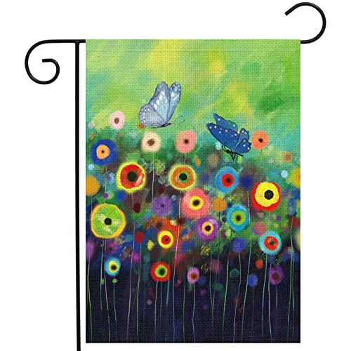 Heyfibro Summer Spring Garden Flag Watercolor Abstract Flower Butterfly House Yard Garden Decor Flags 12 x 18 Inch Double Sided Burlap Banner for Patio Lawn Indoor Outdoor