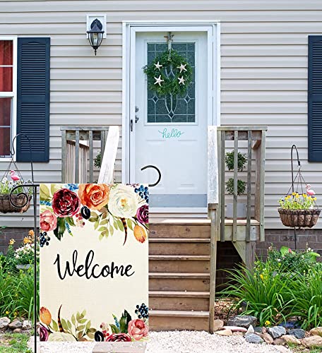 Guaikeai Floral Flower Blossom Welcome Garden Flag 12 x 18 Inch Double Sided Outside Decor for Home Yard Farmhouse