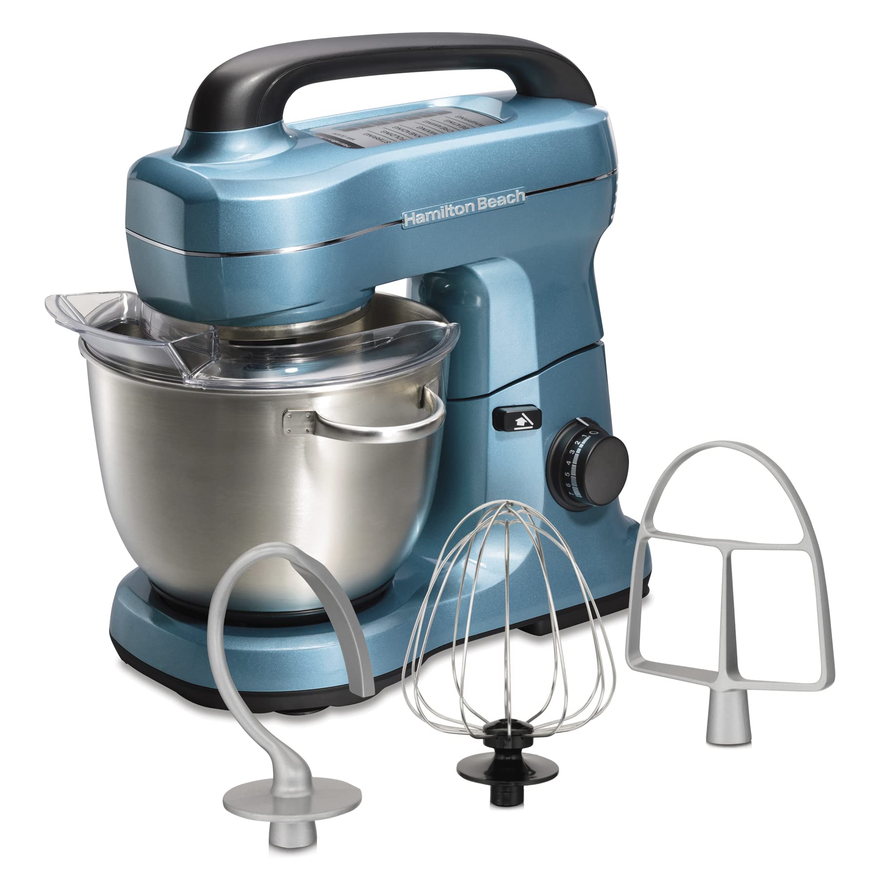 Hamilton Beach Electric Stand Mixer, 4 Quarts, Blue & Food Processor & Vegetable Chopper for Slicing, Shredding, Mincing, and Puree, 10 Cups - Bowl Scraper, Stainless Steel