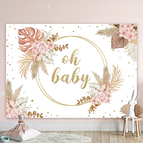 Riyidecor Girl Boho Oh Baby Baptism Baby Shower Decorations Backdrop 7Wx5H Feet Polyester Fabric Pink Bohemian Pampas Grass Blush Newborn Party Floral Gold Banner Festival Studio Photo Shoot