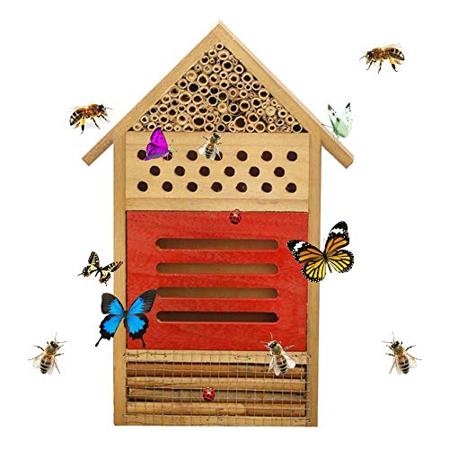 PINVNBY Insect House Natural Wooden Bee Hotel Butterfly Habitat for Gardens Ladybugs(Ladybirds), lacewings, Butterfly, Mason Bees, Solitary, Leaf Cutter & Many Other Beneficial Insects