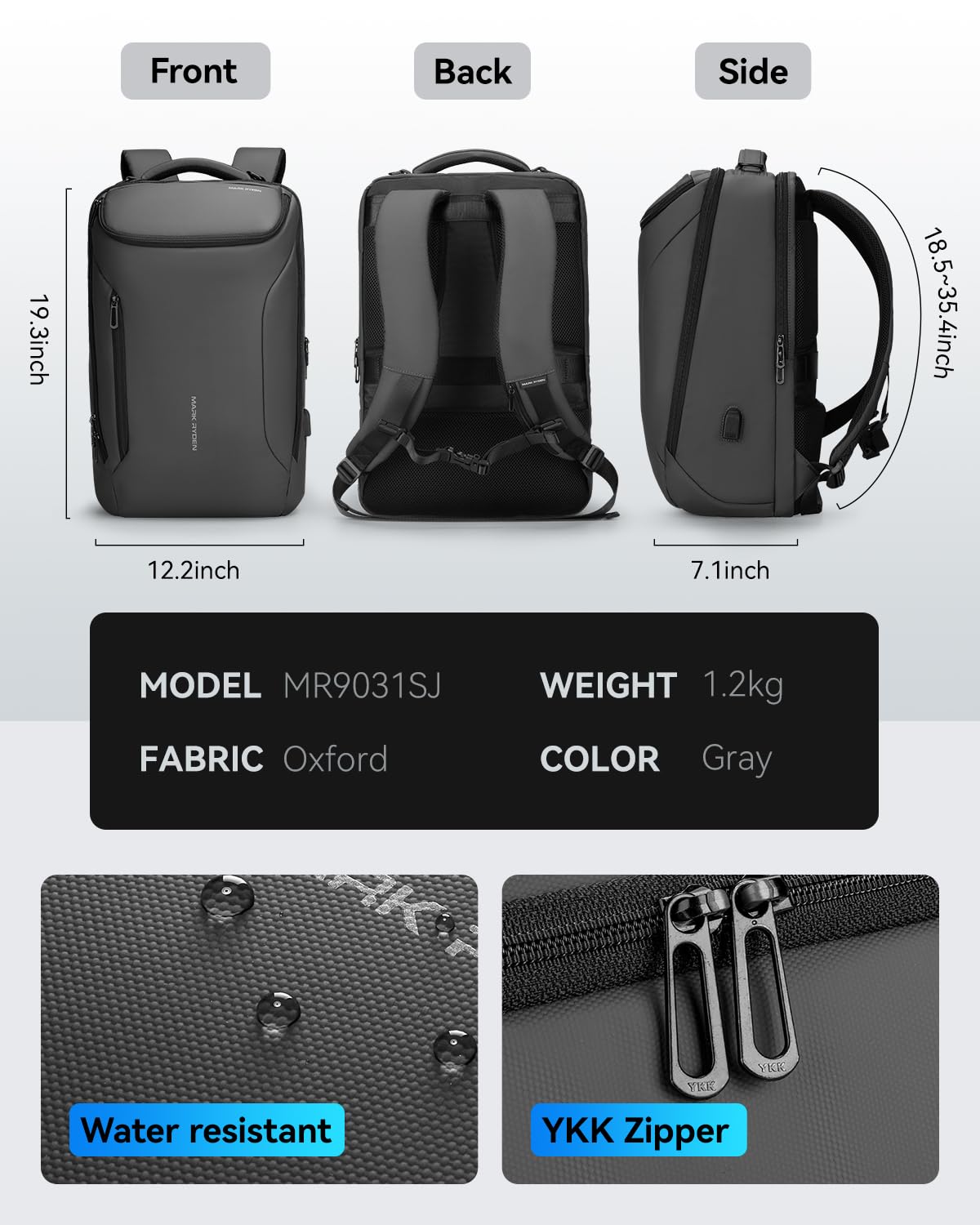Muzee Business Backpack for Men,Waterproof and Travel Laptop Backpack with USB Charging, Fits 17 Inch Laptop and Tech Gear