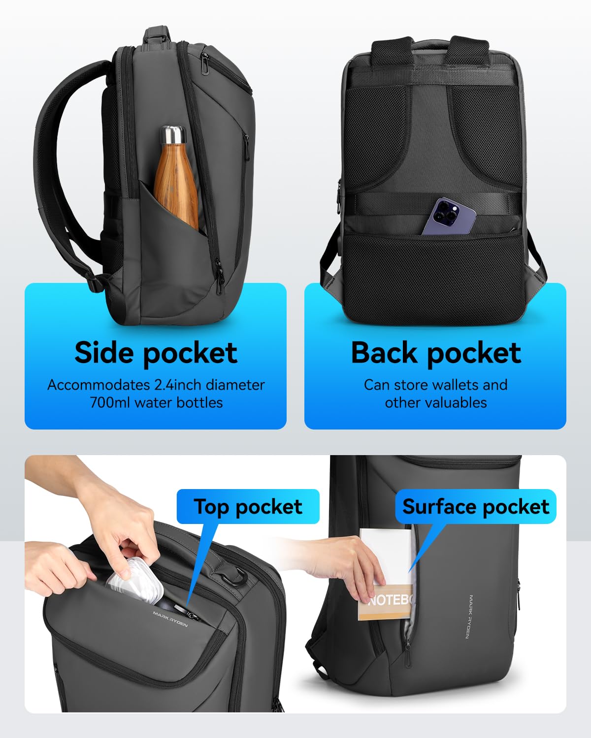 Muzee Business Backpack for Men,Waterproof and Travel Laptop Backpack with USB Charging, Fits 17 Inch Laptop and Tech Gear