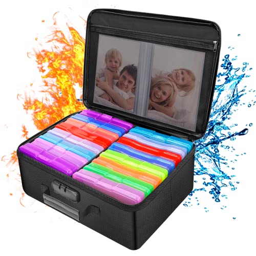 Fireproof Photo Storage Box with Lock,ENGPOW Photo Box Organizer with Divider&Mesh Bag,Collapsible Portable Photo Storage Containers with Handle for Photos, Picture,Scrapbook,Art,Craft(Box Only)