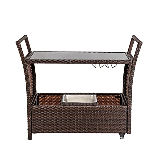 LIRUXUN Outdoor Patio Furniture Set Outdoor Patio Wicker Rattan Serving Bar Cart with Ice Bucket Wine Rack Brown