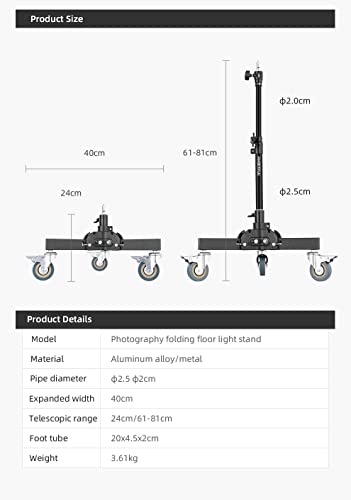 AMBITFUL 61-81cm/21-31.9" Profession Removable Very Sturdy Folding Floor Light Stand and Wheels for Studio Flash LED Light