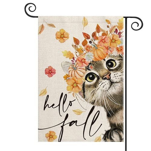 AVOIN colorlife Hello Fall Cat Garden Flag Double Sided, Autumn Seasonal Pumpkin Leaves Flower Floral Yard Ourdoor Decoration 12x18 Inch