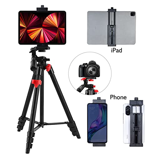 Tablet Tripod 53 inch iPad Tripod Aluminum Smartphone Tripod for iPhone iPad Pro Camera Mobile Phone Lightweight Travel Selfie Stand Tripod Black