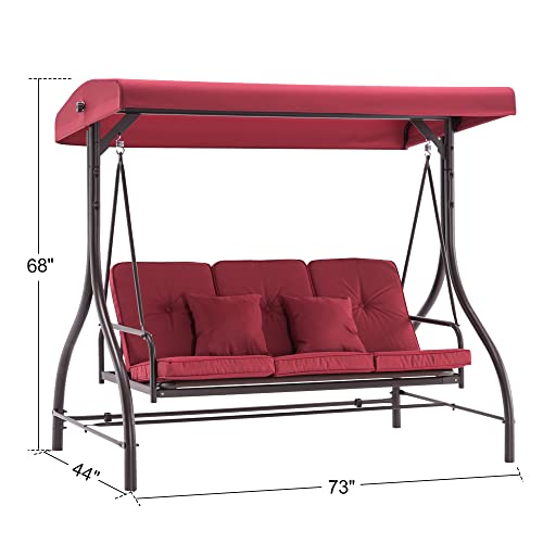MCombo 3-Seat Outdoor Patio Swing Chair, Adjustable Backrest and Canopy, Porch Swing Glider Chair, w/Cushions and Pillows, 4068 (Burgundy)