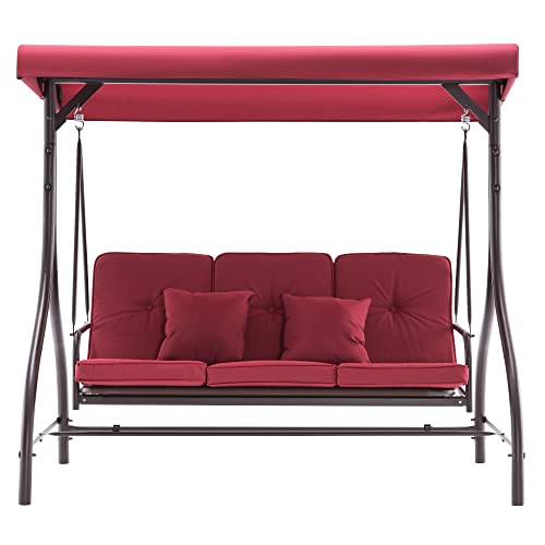 MCombo 3-Seat Outdoor Patio Swing Chair, Adjustable Backrest and Canopy, Porch Swing Glider Chair, w/Cushions and Pillows, 4068 (Burgundy)