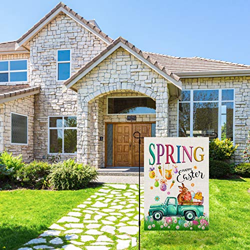 Whaline Easter Garden Flag Double-Sided Happy Easter Spring Burlap Garden Flag Truck Bunny Rabbit Egg Yard Flag Banner 12.5 x 18" Farmhouse Outdoor Decor for Patio Lawn