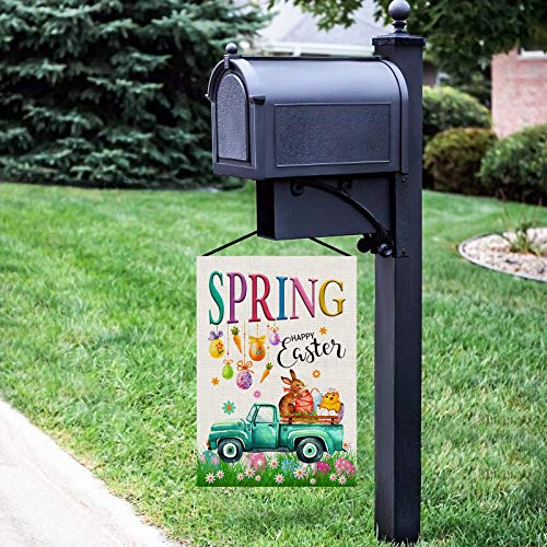 Whaline Easter Garden Flag Double-Sided Happy Easter Spring Burlap Garden Flag Truck Bunny Rabbit Egg Yard Flag Banner 12.5 x 18" Farmhouse Outdoor Decor for Patio Lawn