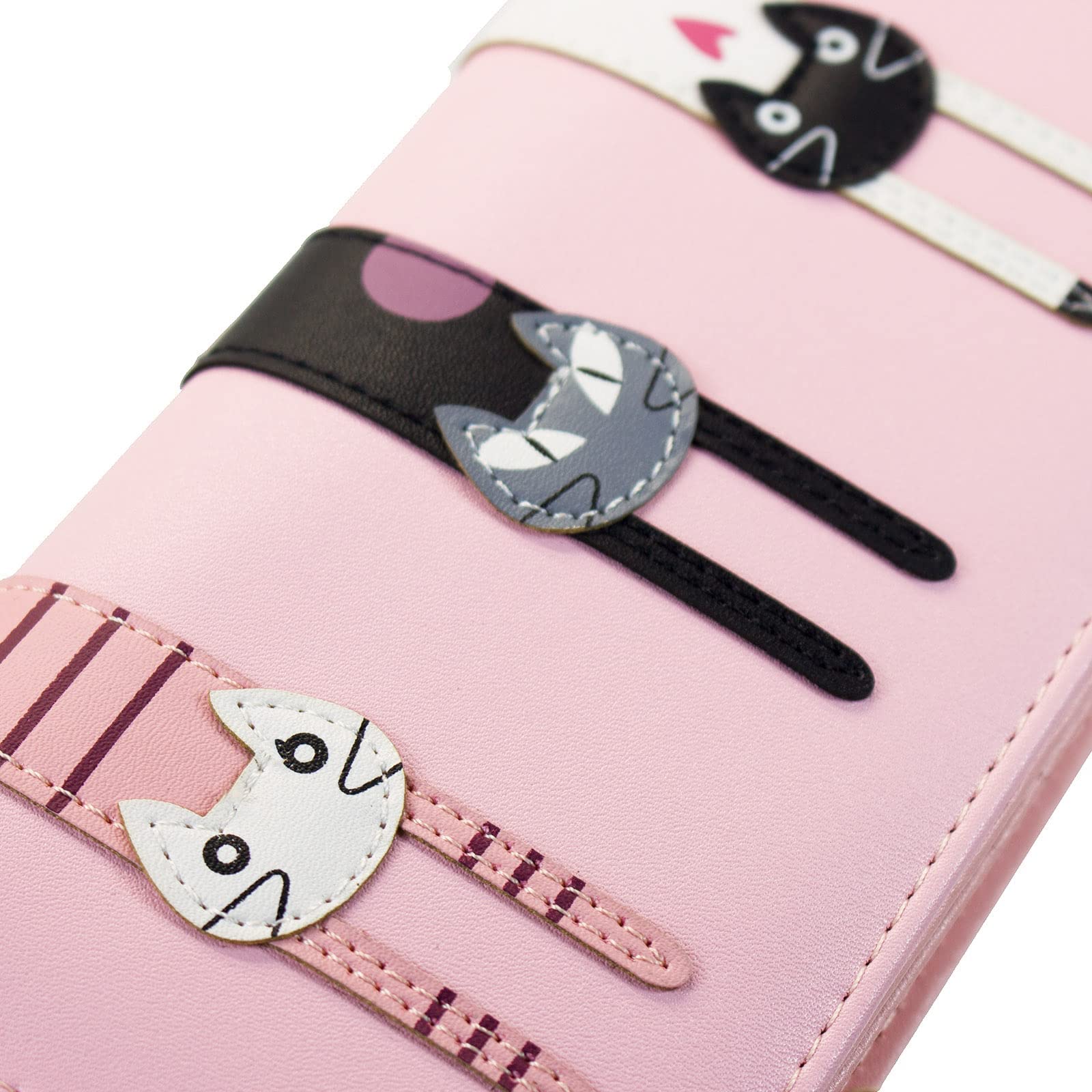 Valentoria® Birthday Gifts for Women's Mini Faux Leather Bifold 3 Cat Design Clutch Wallet(Long Pink)