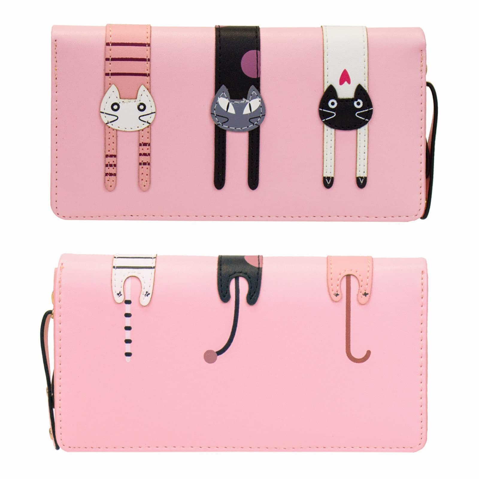 Valentoria® Birthday Gifts for Women's Mini Faux Leather Bifold 3 Cat Design Clutch Wallet(Long Pink)